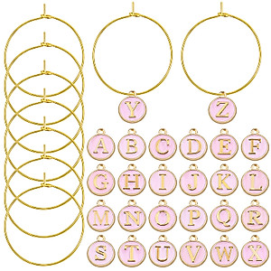 Aylifu 52pcs Round Pink Enamel Initial Letter Charms and 60pcs 25 mm Golden Wine Glass Rings Drink Identifiers Markers for Wedding Champagne Party Decoration Supplies Gifts