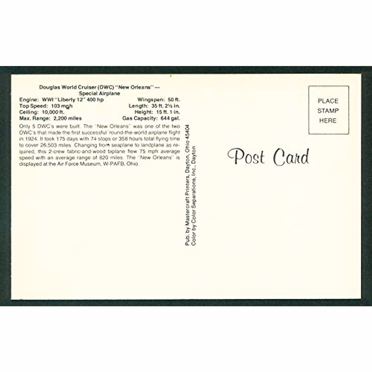 Douglas World Cruiser New Orleans Biplane DWC Aircraft Airplane Postcard