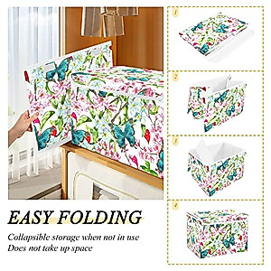 innewgogo Cherry Flowers Hearts Butterfly Storage Bins with Lids for Organizing Storage Bin with Handles Oxford Cloth Storage Cube Box for Toys