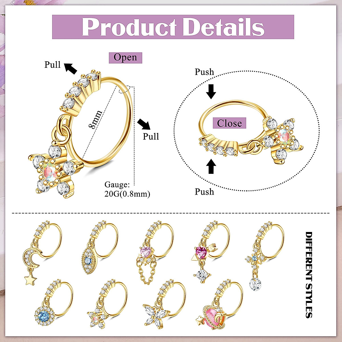 JOERICA 9 Pcs 20G Dangle Nose Rings Hoops for Women Butterfly Heart Arrow Evil Eye Moon Star CZ Dangle Nose Rings Cartilage Earring Dangling Nose Piercing Jewelry