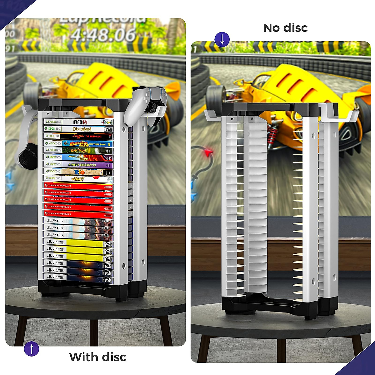 Allnice Game Storage Tower Multifunction Video Game Shelf for 24 game Disk, 2 Headsets Controllers Holder Compatible with PS3/PS4/PS5/ Nintendo Switch/Xbox One, Xbox Series X/S and Blu-Ray Discs