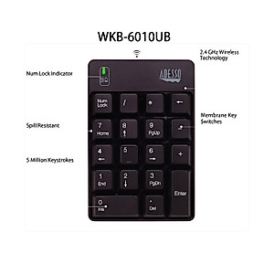 Adesso WKB-6010UB - Wireless Spill Resistant 18-Key Numeric Keypad Number Pad, Black