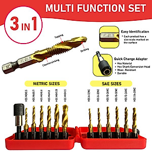 SharCreatives 13 pcs SAE and Metric Combination Drill & Tap Bit Set, 3-in-1 Titanium Coated Screw Tapping Bit Tool for Drilling, Tapping, Countersinking, with 1/4" Quick-Change Adapter