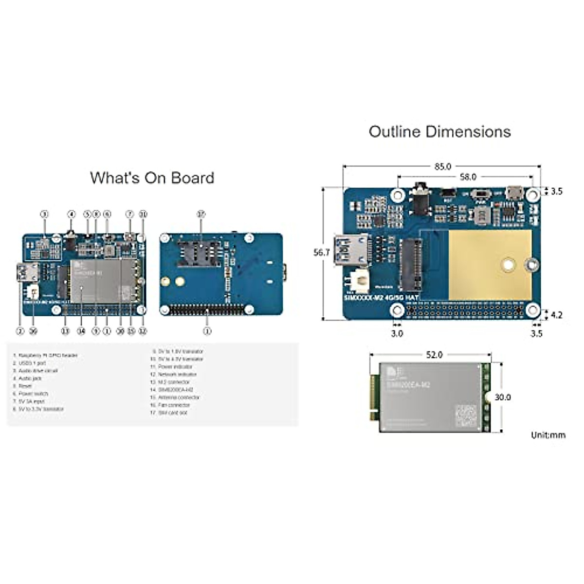 Waveshare SIM8200EA-M2 5G HAT with Antennas 5G/4G/3G Support Snapdragon X55 Onboard Multi Mode Multi Band Applicable for Regions with 5G Sub-6G Signal Coverage