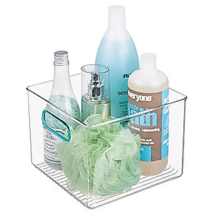 mDesign Plastic Storage Bin with Handles for Organizing Hand Soaps, Body Wash, Shampoos, Lotion, Conditioners, Hand Towels, Hair Accessories, Body Spray, Mouthwash - 8" Square, 2 Pack - Clear/Blue