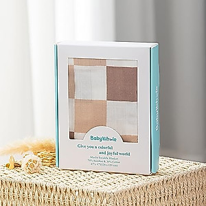 BabyWhale Muslin Swaddle Blanket with Hat and Headband Bow, Checkered Pattern Swaddle Set for Baby Boys ＆ Girls, Unisex Newborn Soft Receiving Swaddle Wrap, 47x47 inches