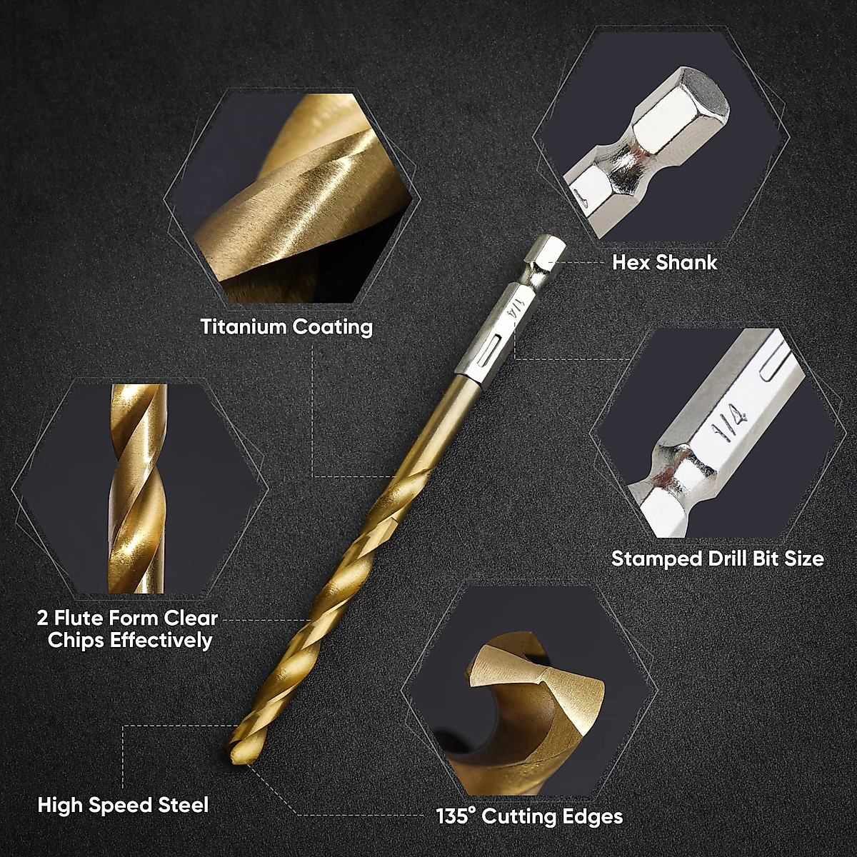 TICONN 30 PCS Titanium Coated Drill Bit Set with Hex Shank, 135 Degree Tip High Speed Steel Drill Bits Kit with Storage Case for Steel, Aluminum, Copper, Soft Alloy Steel Size from 1/16" to 1/2"