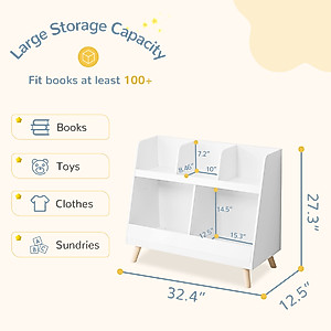 Curipeer Kids Bookshelf and Toy Organizer, 5 Cubbies Wooden Open Bookcase, 2-Tier Baby Storage Display with Legs, Free Standing Bookshelf for Playing Room, Bedroom, Nursery, Classroom, White