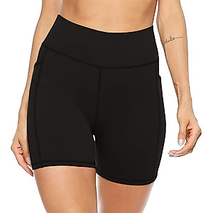 AFITNE Yoga Shorts for Women with Pockets High Waisted Printed Workout Athletic Running Shorts Biker Spandex Gym Fitness Leggings Black - M