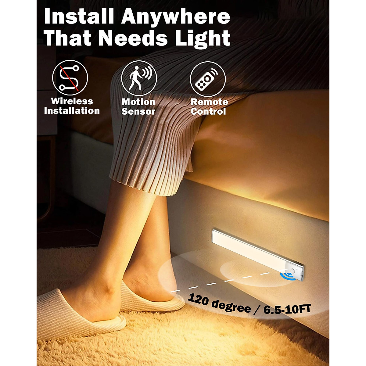 LAJOSO 64 LED Under Cabinet Lights Motion Sensor, 3 Color Kitchen Counter Lighting Wireless, Rechargeable Closet Lights Remote, Dimmable Night Light for Shelf Pantry Stair Hallway 3Pack