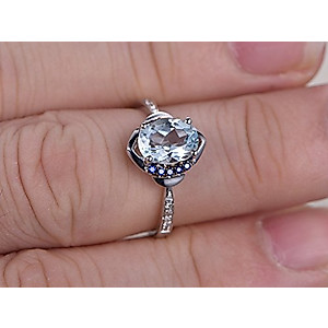 6x8mm Oval Cut Blue Aquamarine Sapphire Halo 14k White Gold Diamond Engagement Ring Wedding Band Size 4-9