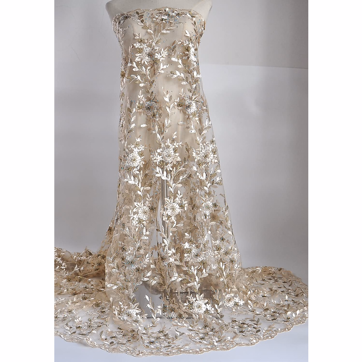 SanVera17 African Lace Net Fabrics Nigerian Embroidered Sparkling Stone French Fabric for Party Dress (Champagne) 5 Yards 266-2