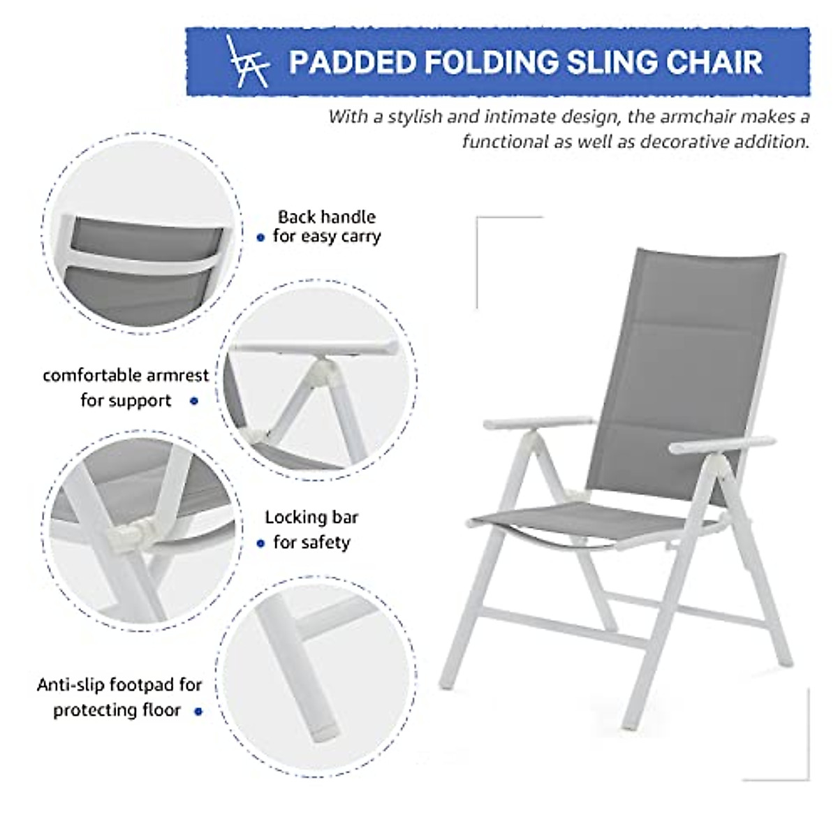 Soleil Jardin Folding Patio Chairs Set of 4, Aluminum Portable Reclining Lawn Chairs with Adjustable High Backrest & Soft Padding, Outdoor Dining Chairs for Porch Pool Yard, No Assembly, White & Gray