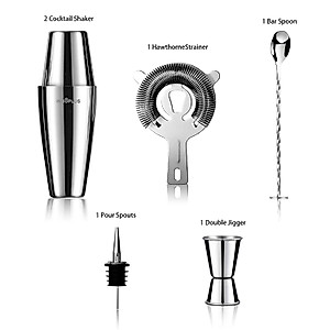 Cocktail Shaker, Martini Shaker, Drink Shaker, Cocktail Shaker Set 6 Piece, Boston Shaker, Bar Set, Cocktail Strainer, Bar Tools, Bartender Kit, Stainless Steel Double Measuring Jigger, Mixing Spoon