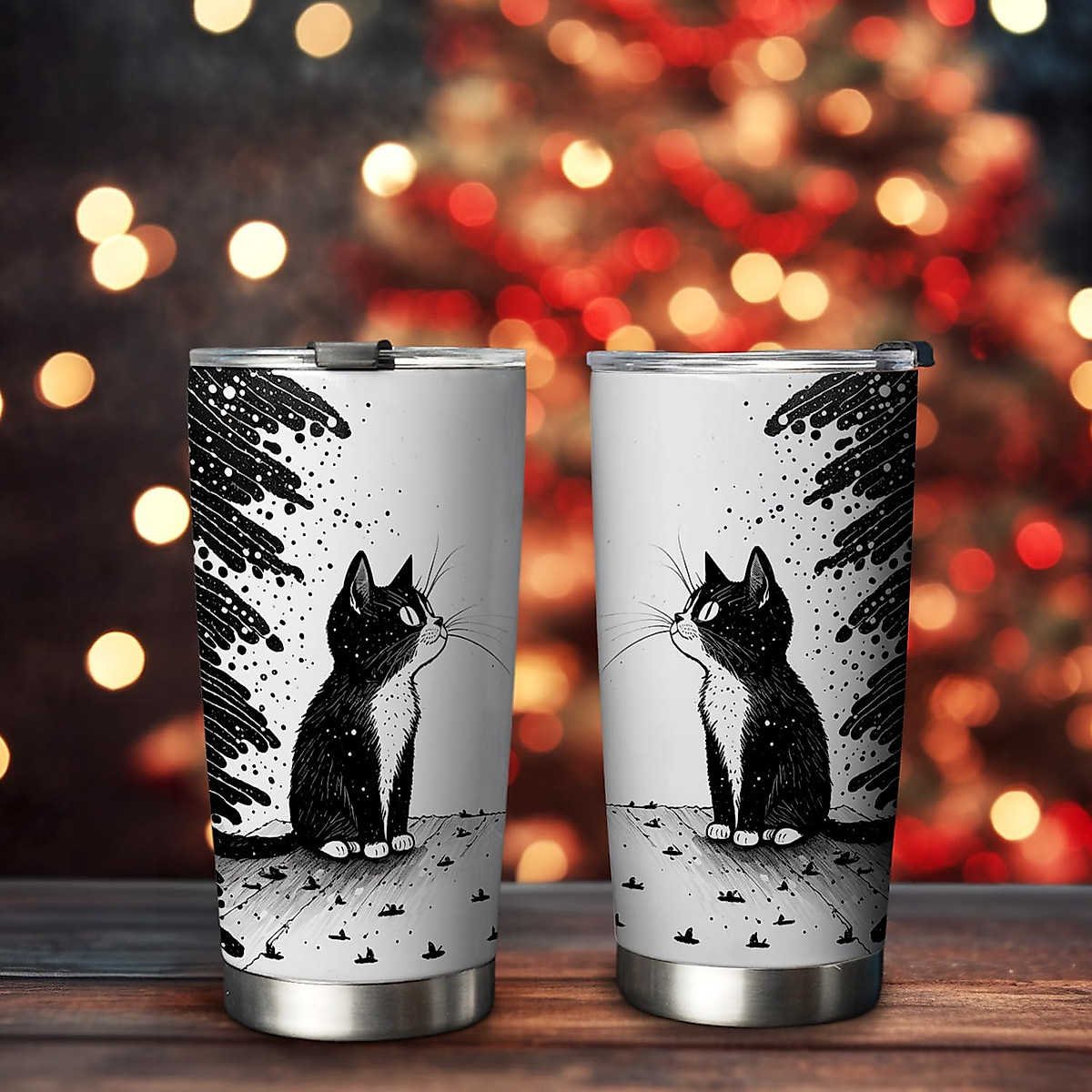 20oz Black and White Retro Vintage Cat Tumbler, Gifts for Cat Lovers, Coffee Thermos for Women, Stainless Steel Double Wall Vacuum Insulated Coffee Mug, Travel Cup with Lid