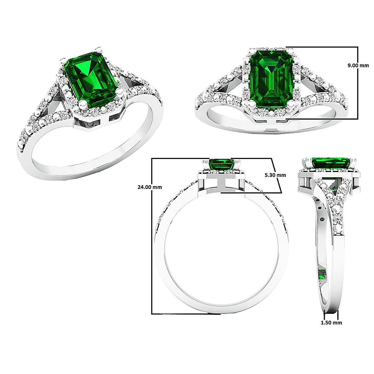 Dazzlingrock Collection 7x5mm Emerald Shape Lab Created Emerald & White Diamond Split Shank Engagement Ring for Women in 925 Sterling Silver Size 5