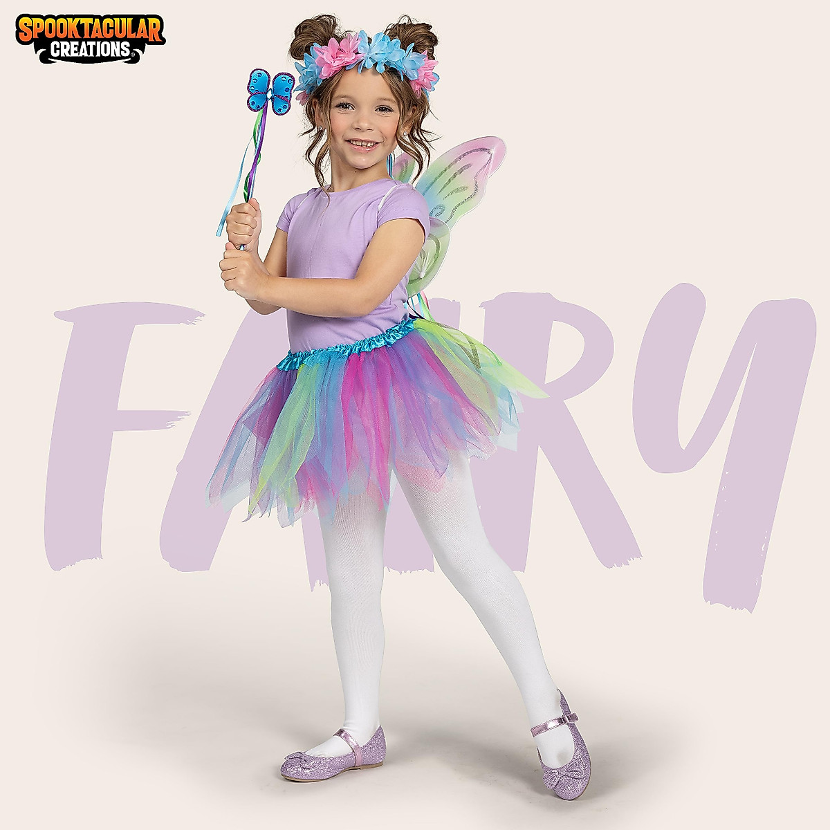 Spooktacular Creations Colorful Fairy Costume Set with Tutu, Halo Headband, Magic Wand for Girls, Halloween Costume Set
