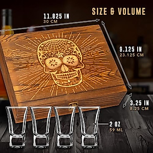 Atterstone Tequila Shot Glass Sugar Skull Wooden Box Set for Men and Women - 4 Premium Shot Glasses, Garnish Knife, Lime Cutting Stone, Salt Tin, Perfect for Themed Parties