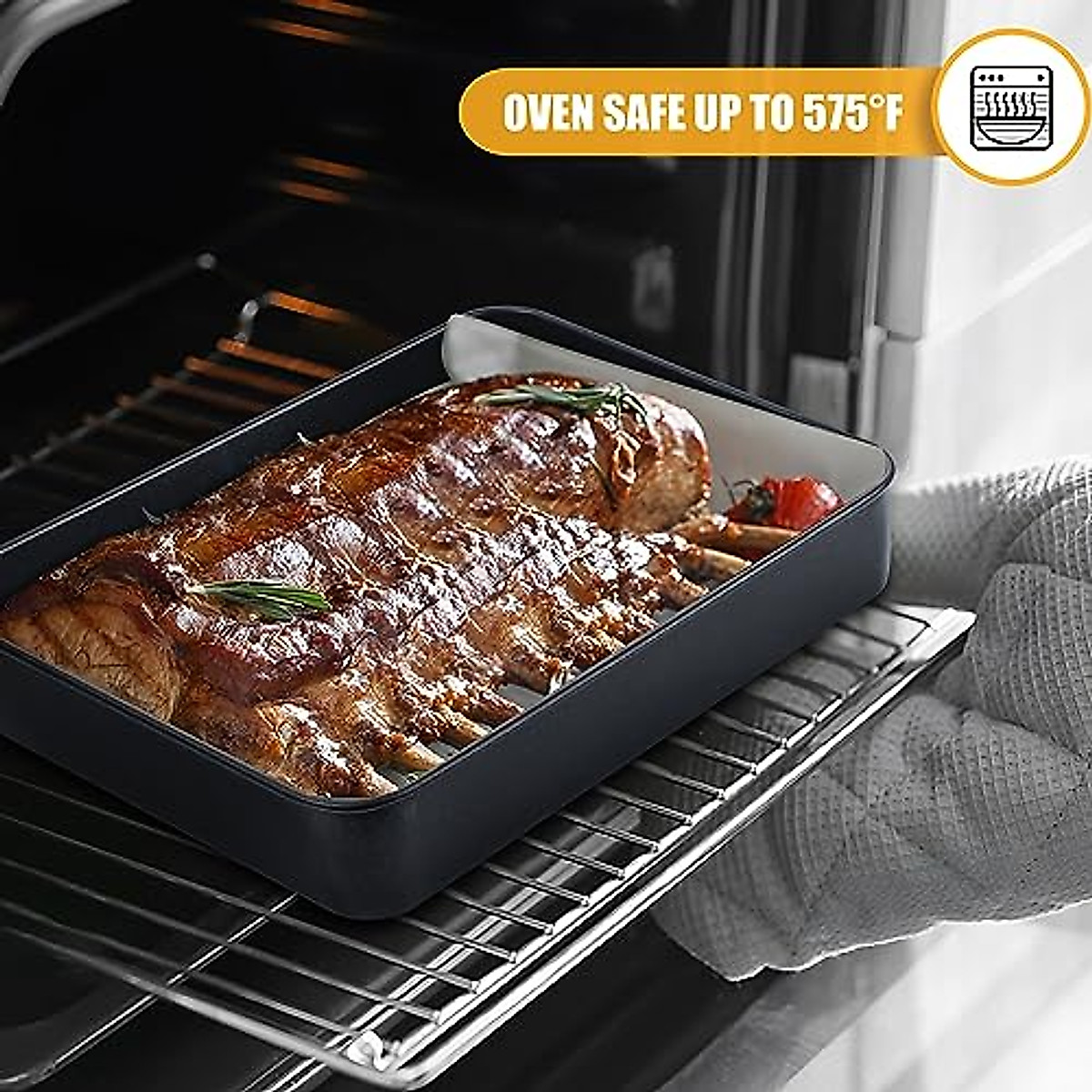 TeamFar Lasagna Pan, 9.4 x 7 x 2 Inch Stainless Steel Deep Baking Roasting Brownie Pan for Toaster Oven, Black Non-Stick Coating Rectangle Cake Pan, Healthy & Durable, Smooth Surface & Easy Clean