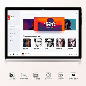 OUZRS Tablet 10 Inch Android 11 GMS, 4GB de RAM 64GB ROM/TF 256GB 1.8Ghz Tablet PC 8-Core 6000mAh Dual Cámara Tablet Android WiFi Bluetooth Netflix Type-C(WiFi Version),Black