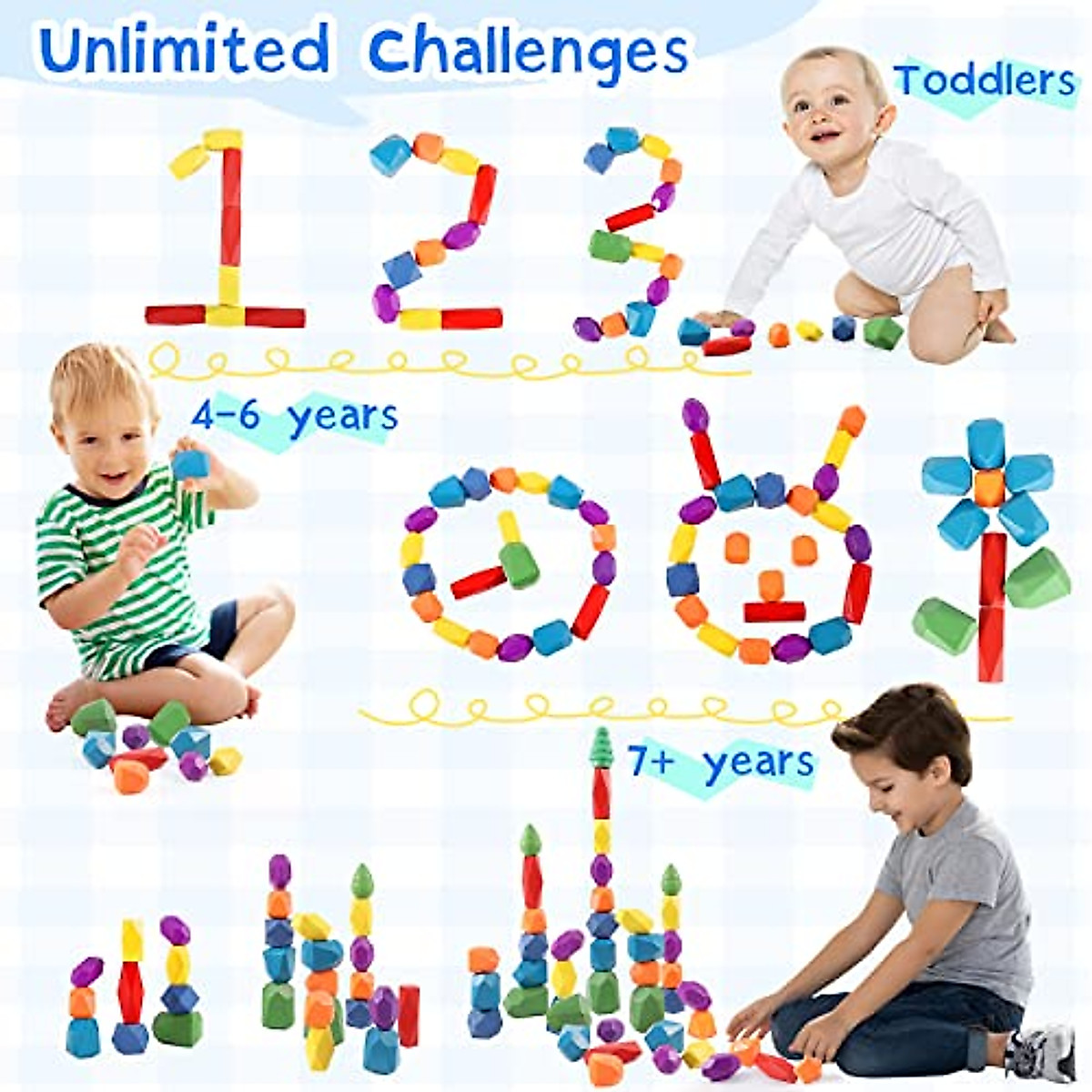 44PCS Sensory Toddler Wooden Stacking Rocks Toys for Boys & Girls Ages 3+ Year Old Building Blocks Montessori Preschool Educational STEM Toys for Kids Birthday Gifts Safe Creativity Rainbow Stones