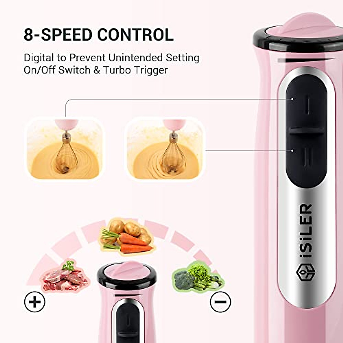 Immersion Hand Blender, ISILER 5-in-1 500-Watt Multi-Purpose Stick Blender with 860ml Food Chopper, 600ml Container, Milk Frother, Egg Whisk, 8-Speed for Puree Infant Food Smoothies Soups Pink