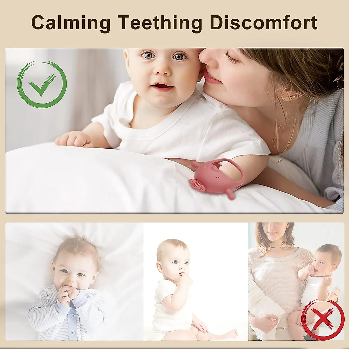 Baby Teething Toys, JUSONEY 2 Packs Anti-Drop Silicone Teething Mitten for Babies 3+ Months, Baby Teething Gloves 3D Chicken and Triceratops Shape Wrist Hand Teethers for Sucking Needs