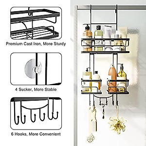 Auslar Shower Caddy Hanging Over The Door, Sturdy Rustproof Hanging Shower Organizer, Shower Shelf with Hooks, Razors Towels Shampoo Organizer for Dorm, Toilet and Bath, Black