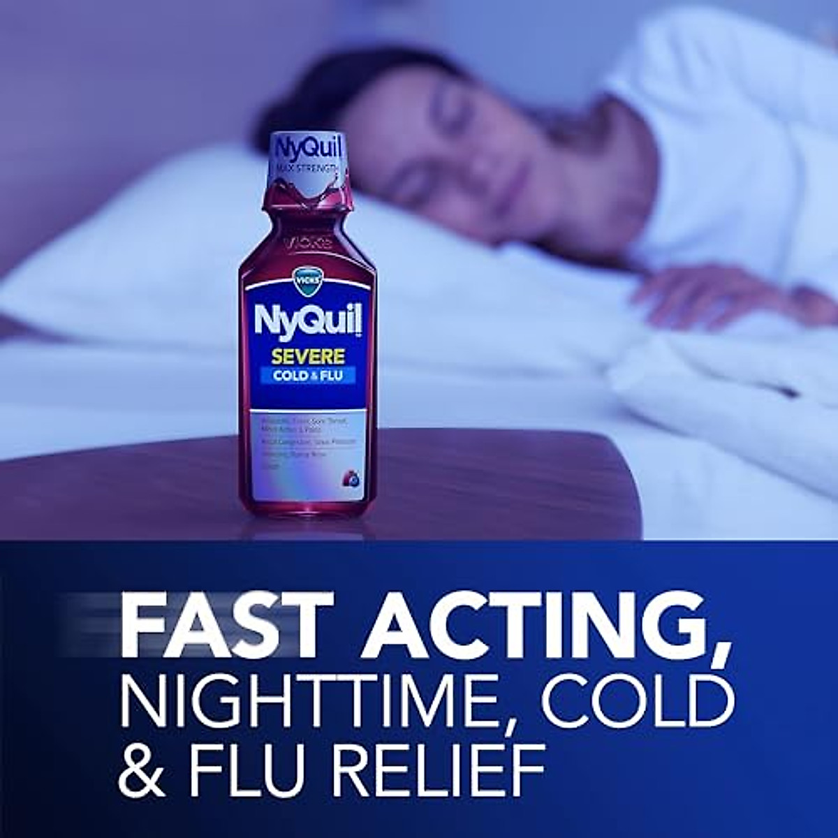 Vicks NyQuil SEVERE Cold and Flu Relief Liquid Berry Flavored Medicine, Maximum Strength, 9-Symptom Nighttime Relief For Fever, Sore Throat, Nasal Congestion, Sinus Pressure, Sneezing, Cough, 12 FL OZ