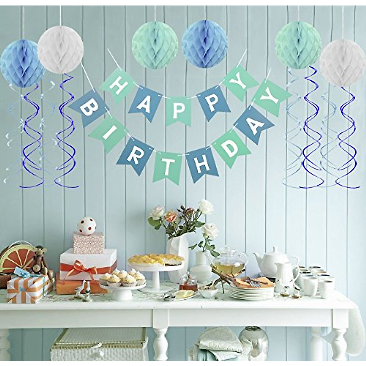 Fecedy Blue Happy Birthday Banner Honeycomb balls Swirls Streamers for Birthday Party Decorations