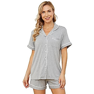 Yoolfine Womens Pajama Sets Short Sleeve Sleepwear Soft Button Down Nightwear Lounge Pj Set,Medium,Grey