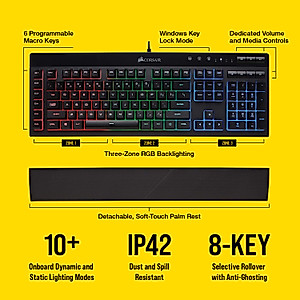 Corsair K55 RGB Gaming Keyboard – IP42 Dust and Water Resistance – 6 Programmable Macro Keys – Dedicated Media Keys - Detachable Palm Rest Included (CH-9206015-NA) , Black
