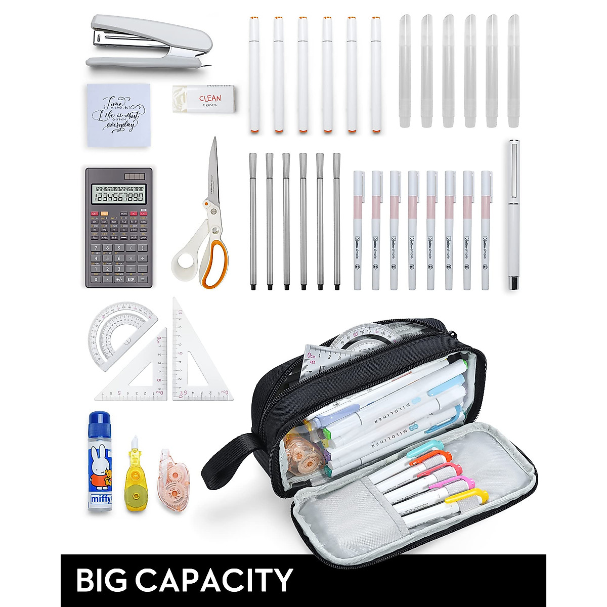 YOKUMA Pencil Case for Adults Aesthetic Pen Bag for Teen College Zipper Pouch Office Supplies Stationery Organizer Small Tool Bag (Black TW)