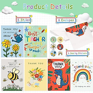 AhfuLife 6 Pcs Teacher Thank You Cards Multipack, 6 Styles Cute Teacher Appreciation Cards Graduation Gift, Including 6 Stickers and 6 Envelops for Teachers' Day, Teacher of the Year Gifts