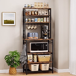 Amosic Industrial Kitchen Baker’s Rack, Multiuse 7-Tier Metal Kitchen Bakers Rack, 6 S-Hooks, Floor Standing Spice Rack Organizer Workstation, for Microwave, Spice Jars, Pots and Pans, Rustic Brown