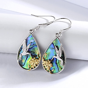 Sterling Silver Teardrop Abalone Earrings for Women Hummingbird/Dragonfly/Tree of Life Drop Dangle Earrings Mother'S Day Christmas Jewelry Gifts (Hummingbird)