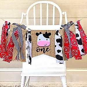 Farm ONE High Chair Banner for First Birthday, Barnyard Cow 1st Birthday Party Highchair Decoration
