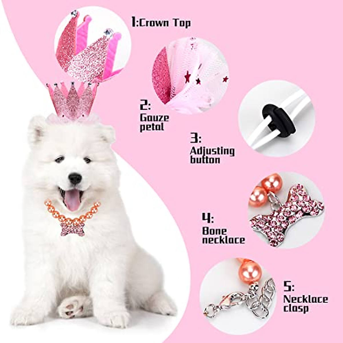DLLY Dog Birthday Party Supplies with Birthday Banner Pull Flag, Crown Cap, Pearl Necklace, Pet Tutu Skirt, Suitable for Small and Medium Dogs, Cats Cute Birthday Outfit (Pink)