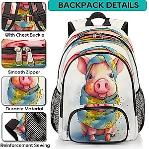 Elementary School Bags for Teens, Cute Piglet Kids Backpacks Pig Painted Lightweight Bookbags Waterproof Sturdy Schoolbag Daypack for Girls Boys