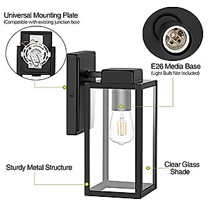 Outdoor Wall Lantern, Waterproof Exterior Wall Sconce Light Fixture, Anti-Rust Wall Mount Light with Clear Glass Shade, Matte Black Wall Lamp with E26 Socket for Porch, Front Door (Bulb Not Included)