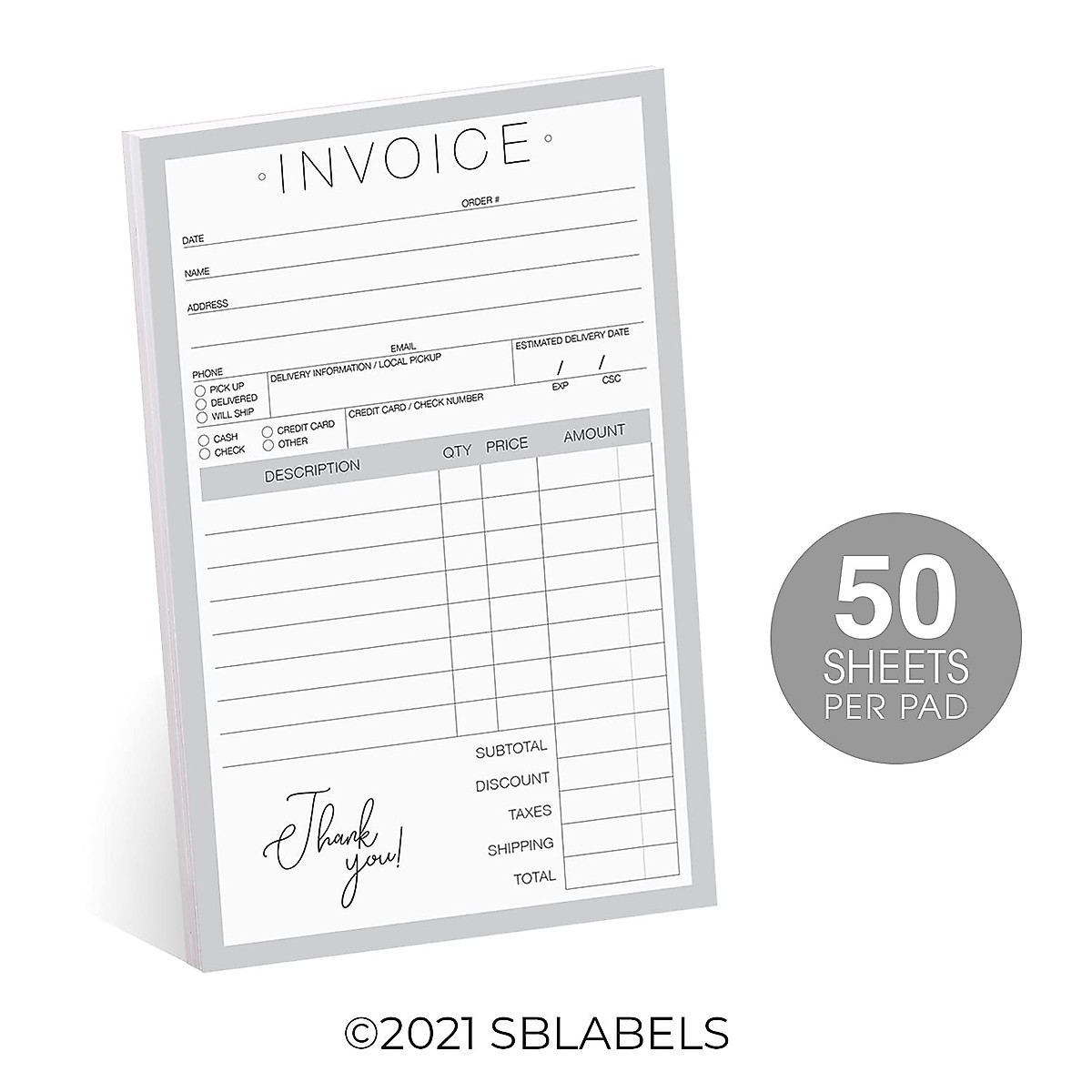 Chic 2-Part Carbonless Invoice Form Pad / 50 Sheets Per Pad / 5.5" x 8.5" Carbon Copy Purchase Sales Receipt Book