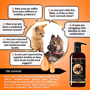 Paws PerX, Human Grade, Naturally Caught, Pure-Premium Wild Alaskan Salmon Oil for Dogs & Cats; Rich in Omega-3 EPA and DHA Fatty Acids; (One, 16 fl oz Bottle)