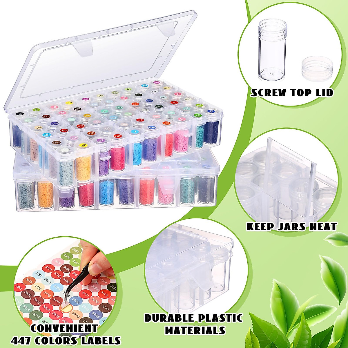 Willinglong 1 Pack Diamond Art Storage Containers Set, Grids Bead Organizer Box with Diamond Painting Accessories Labels for Diamond Art DIY Dot Craft Bead Jewelry Storage