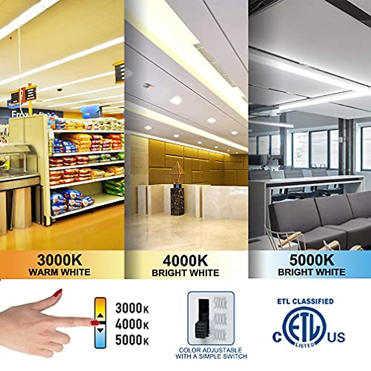 HOLDWILL 2 Pack LED Shop Light,4FT 48W Linkable Utility Integrated Ceiling Lighting Fixture, 3 CCT Selectable 3KK/4KK/5KK Hanging Mount with Pull Chain LED Workbench Light for Workshop