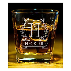 Custom Whiskey Monogram Wreathe Bourbon Rock Glasses Engraved Scotch Glass for Dad Birthday Fathers Day Gift Groomsmen Husband Wedding Gifts for Her