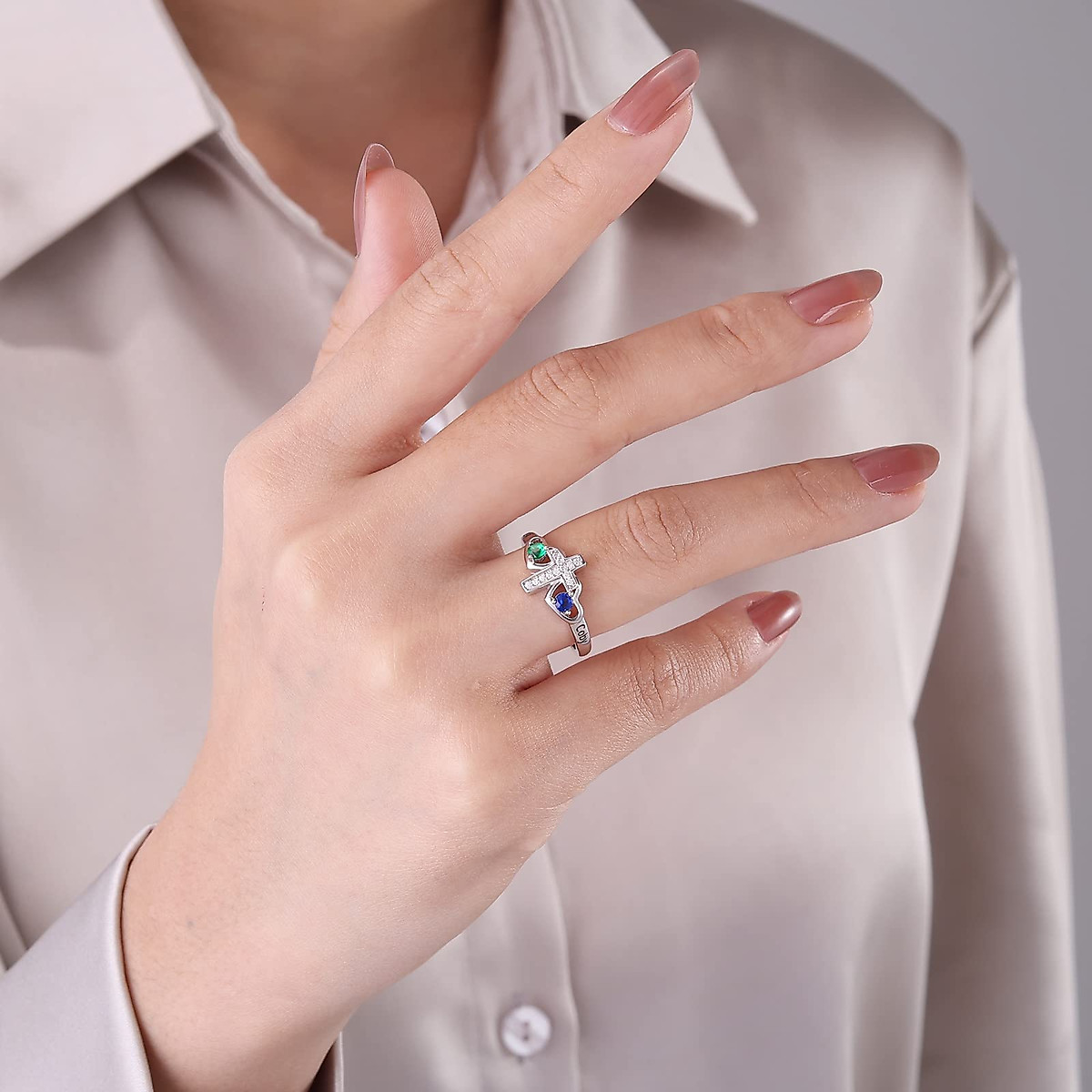 FenFang Personalized Cross Rings for Women with 2 Birthstone Custom Mom Rings with 2 Names Mothers Cross Name Rings Promise Rings for Her Mothers Day Gifts