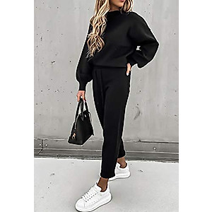 Women's 2 Piece Pant Set Sweatsuit Long Lantern Sleeve Sweatshirt Jogger Pant Tracksuit Black M