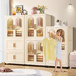 EHAMILY Portable Kids Closet Children's Wardrobe Collapsible Plastic Large Baby Clothes Cabinet Bedroom Nursery Armoire Toddler Dresser with Hanging Rod and Door Quick Install White