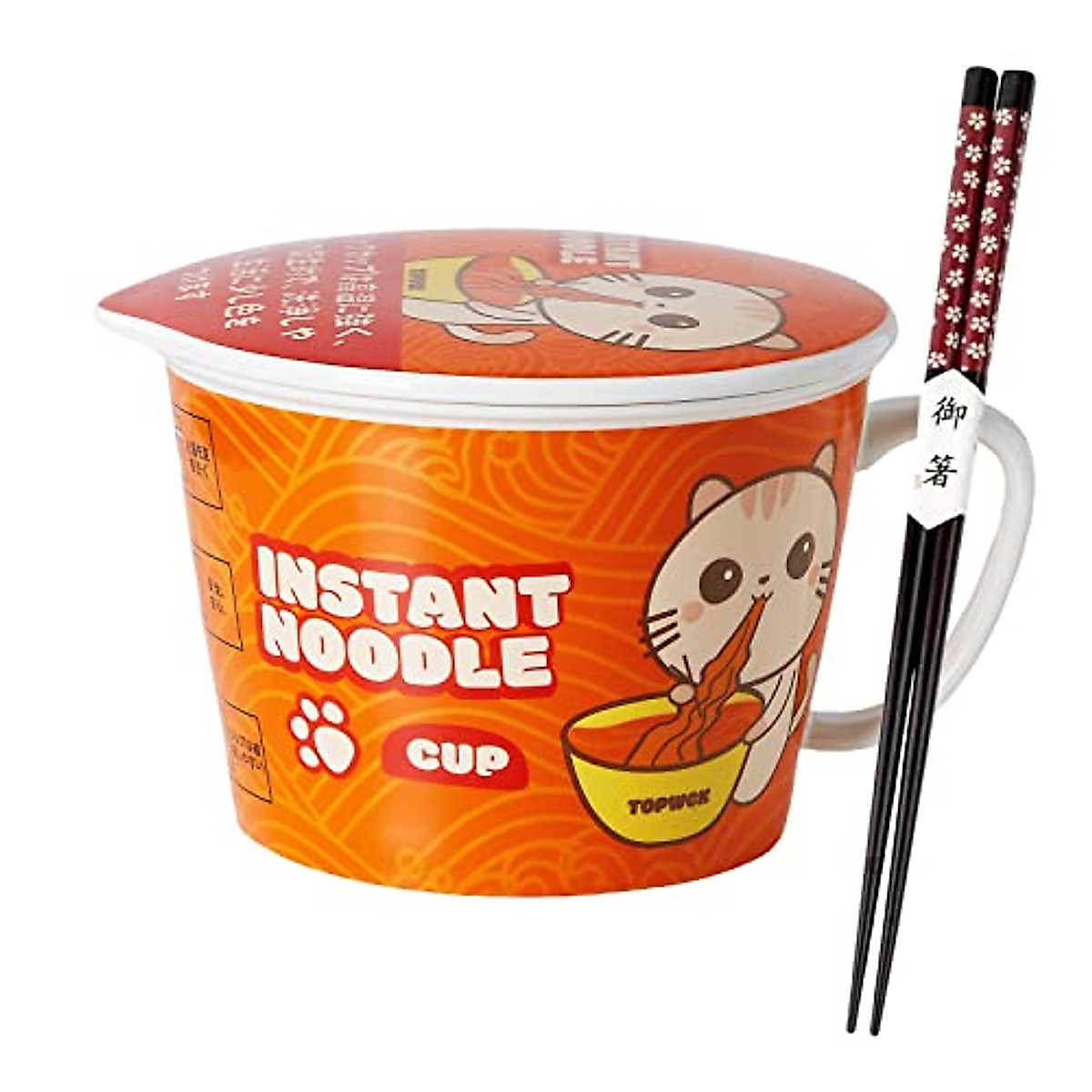 TOPWCK 34oz Large Microwavable Ceramic Ramen Bowl with Lid, Handle, Chopsticks, Cute Anime Japanese Instant Noodle Cooker Soup Bowl, Gift for Teens Kids (Cat)