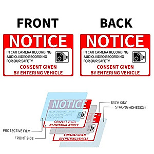 In Car Camera Recording Sign Double Sided 5" x 3" Audio Video Recording for Our Safety Consent Given by Entering Vehicle Window Stickers Decals for Uber Lyft 6 PCS